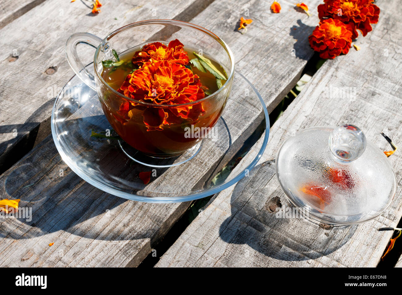 marigold tea in transparent cup and cap teapot on wooden desks Stock ...