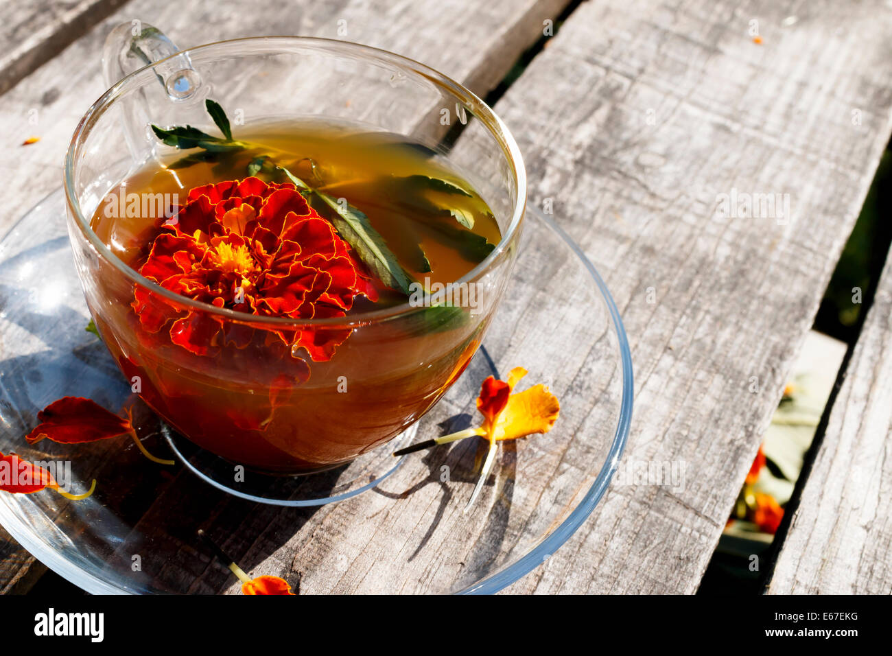 marigold tea, healthy medical plant drink in transparent cup Stock ...