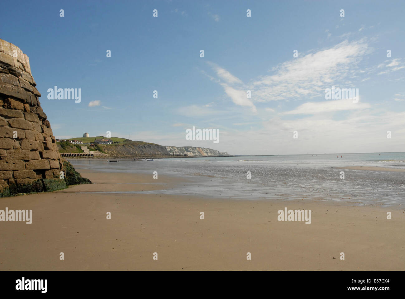Folkestone Sunny Sands beach with the Eastcliff and Martello Tower in ...