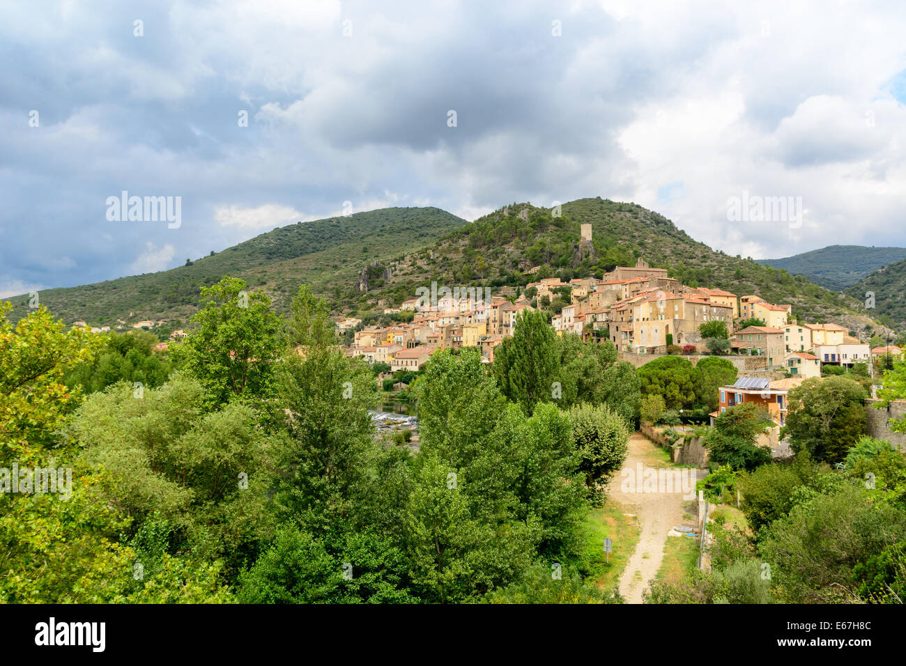 French village Roquebrun in the valley of the river Orb, Herault ...