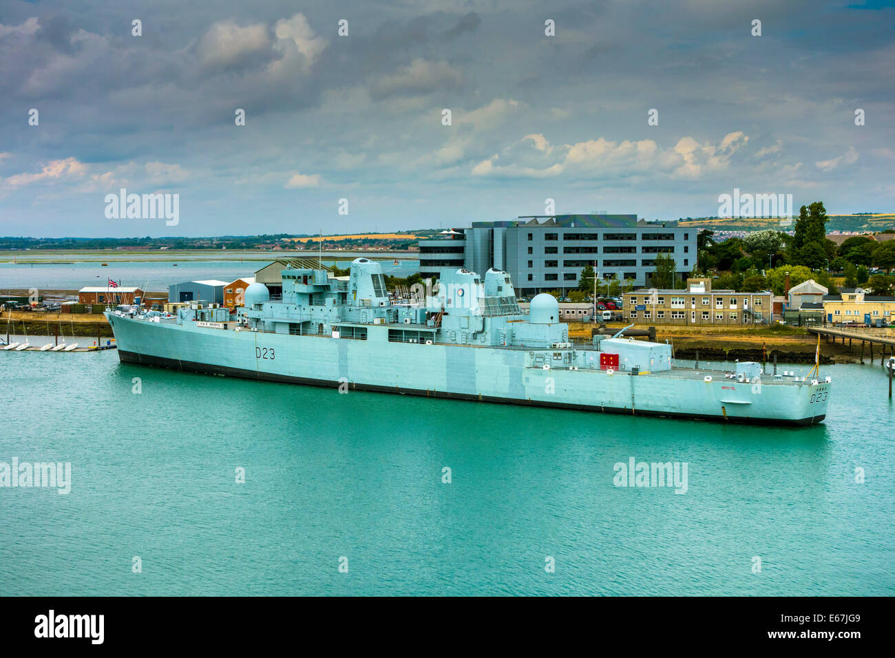 Portsmouth docks and harbour and Royal Navy warships, HMS Bristol Stock ...