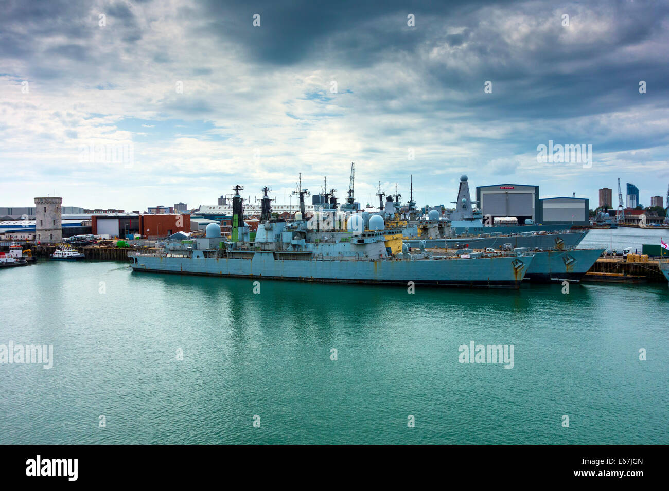 Portsmouth docks and harbour and Royal Navy warships, HMS Liverpool ...