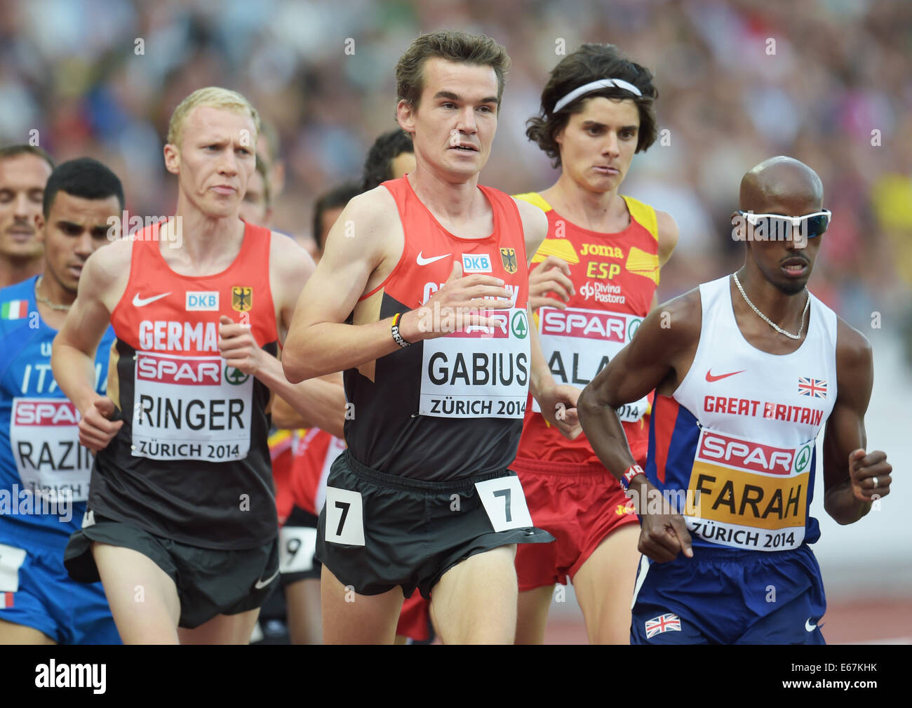 Zurich, Switzerland. 17th Aug, 2014. Arne Gabius (C) and Richard Ringer ...