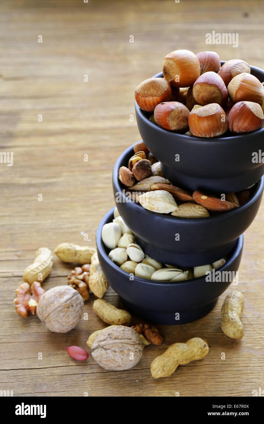 different kinds of nuts (almonds, walnuts, hazelnuts, peanuts) in a ...