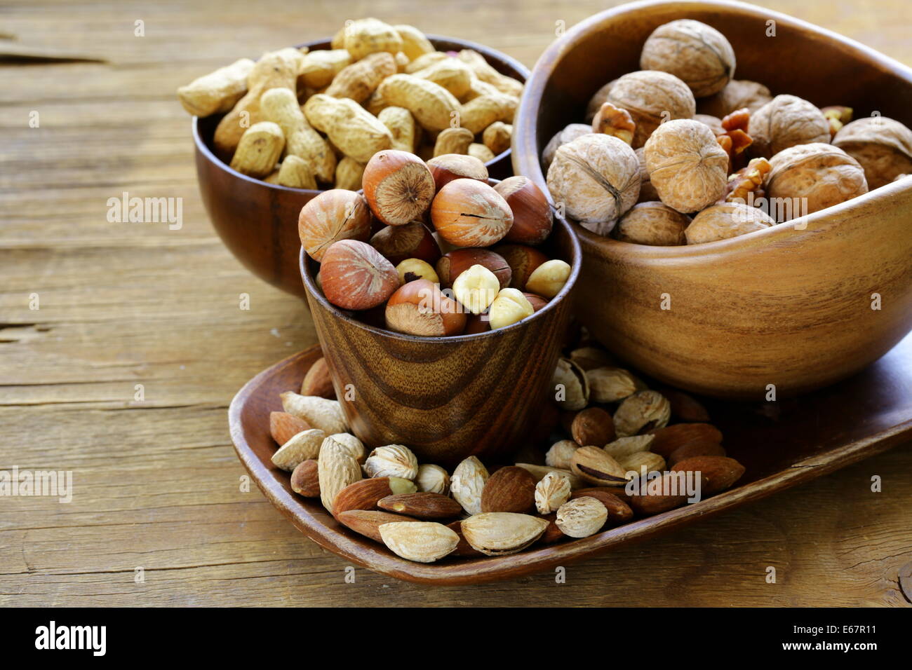 different kinds of nuts (almonds, walnuts, hazelnuts, peanuts) in a ...