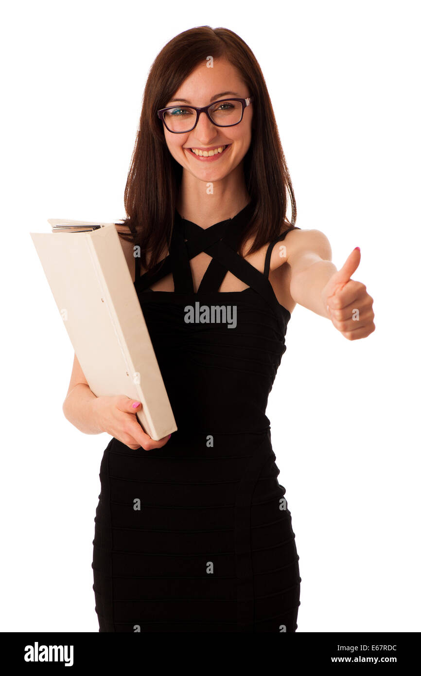 Young student with a folder in her hands isolated over white background ...