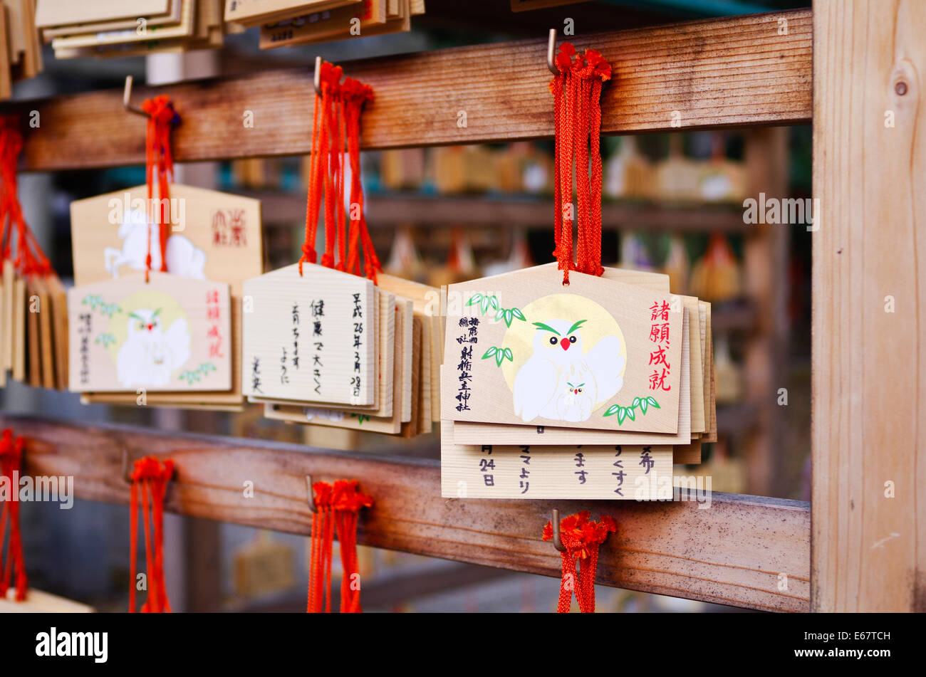 Wooden "ema" (wooden prayer plaques) with Owls and Horses at Itatehyozu ...