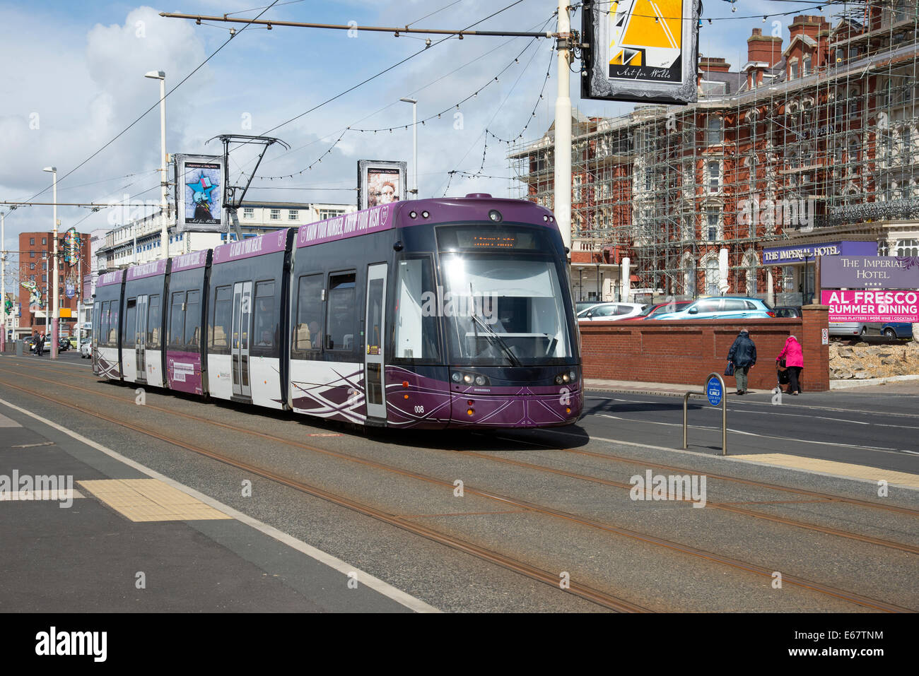 Modern electric powered tram on the North Shore seafront in Blackpool ...