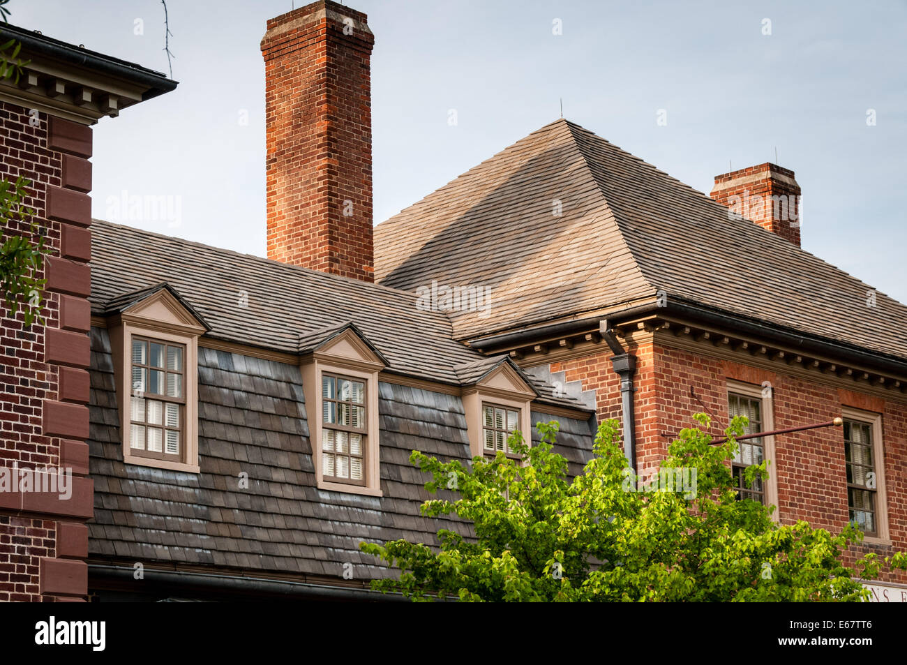 Dormer windows at sunset, Merchants Square, Colonial Williamsburg ...