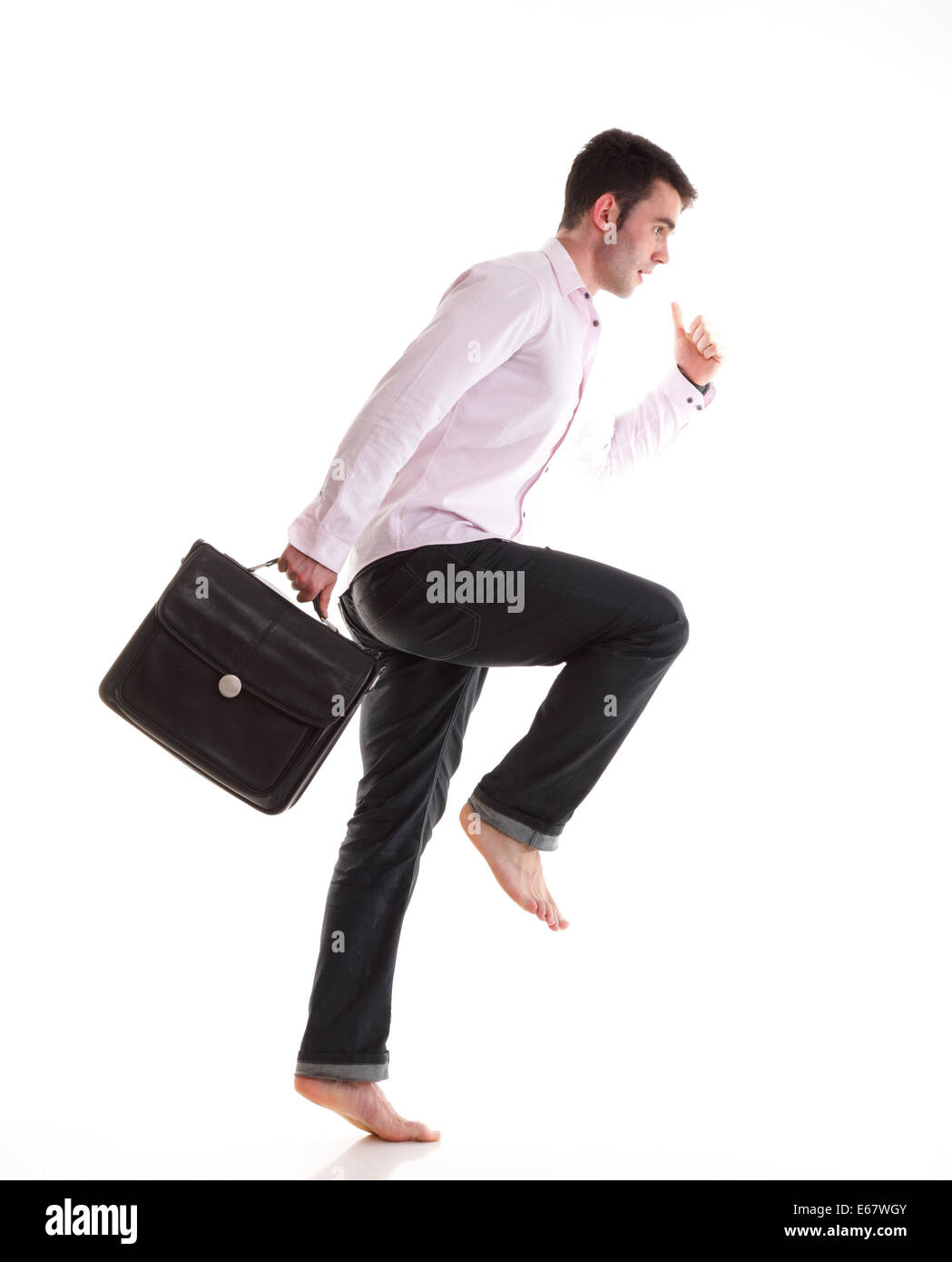 Businessman running with a briefcase, isolated on white background ...