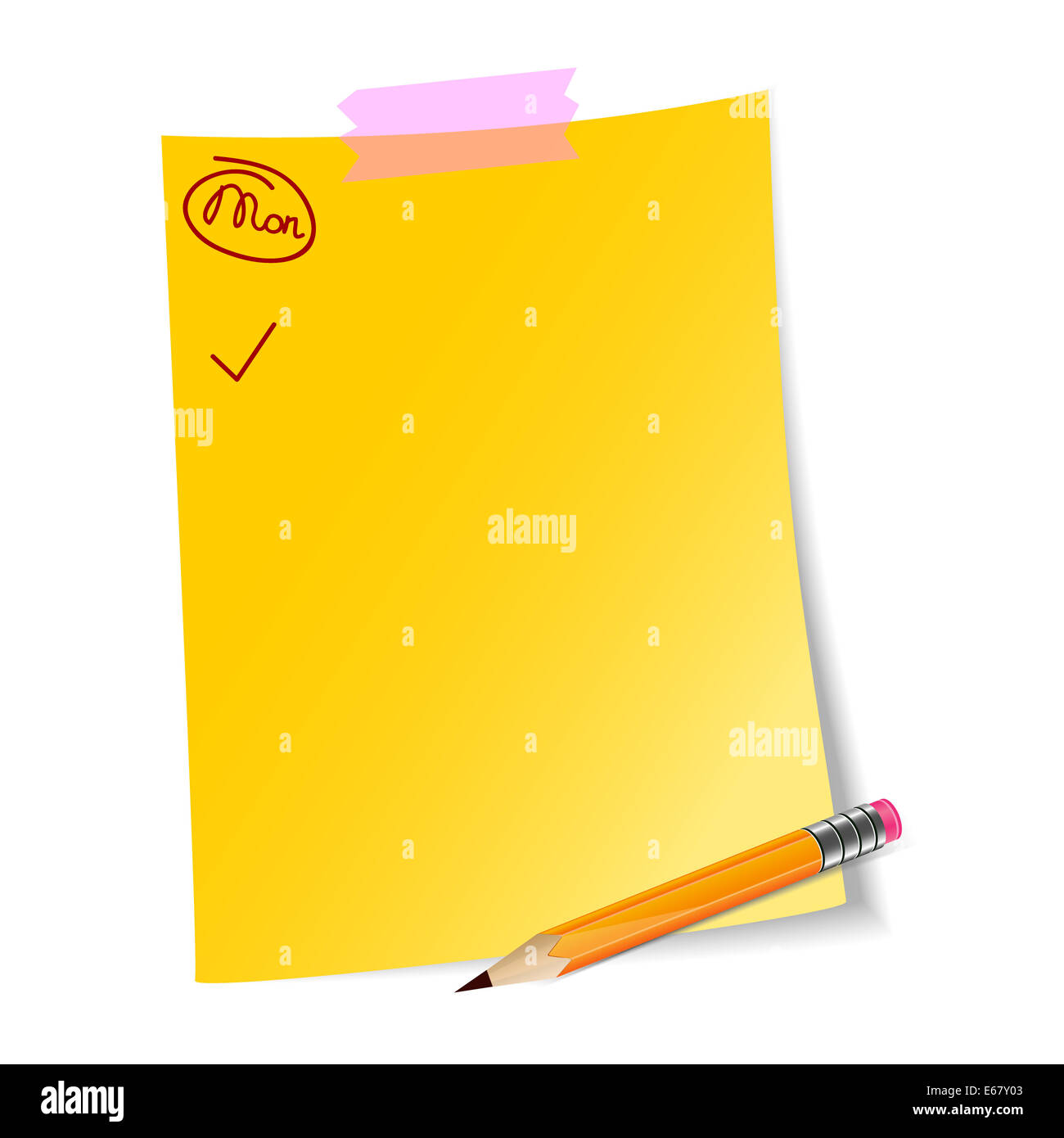 Daily planning yellow paper sheet with Monday word, tick and pencil ...