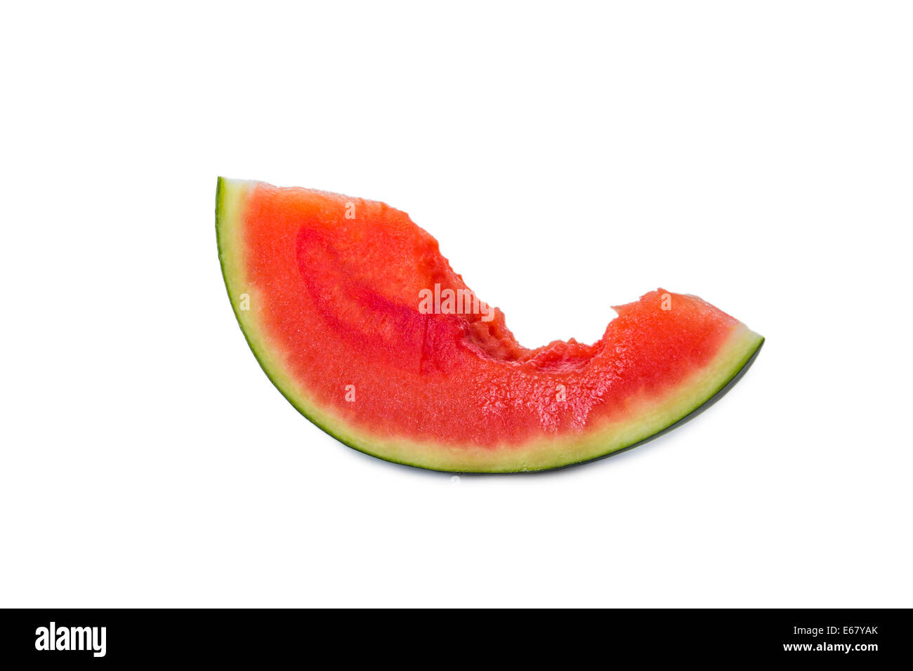 a slice of a watermelon with a piece bitten off isolated on white ...