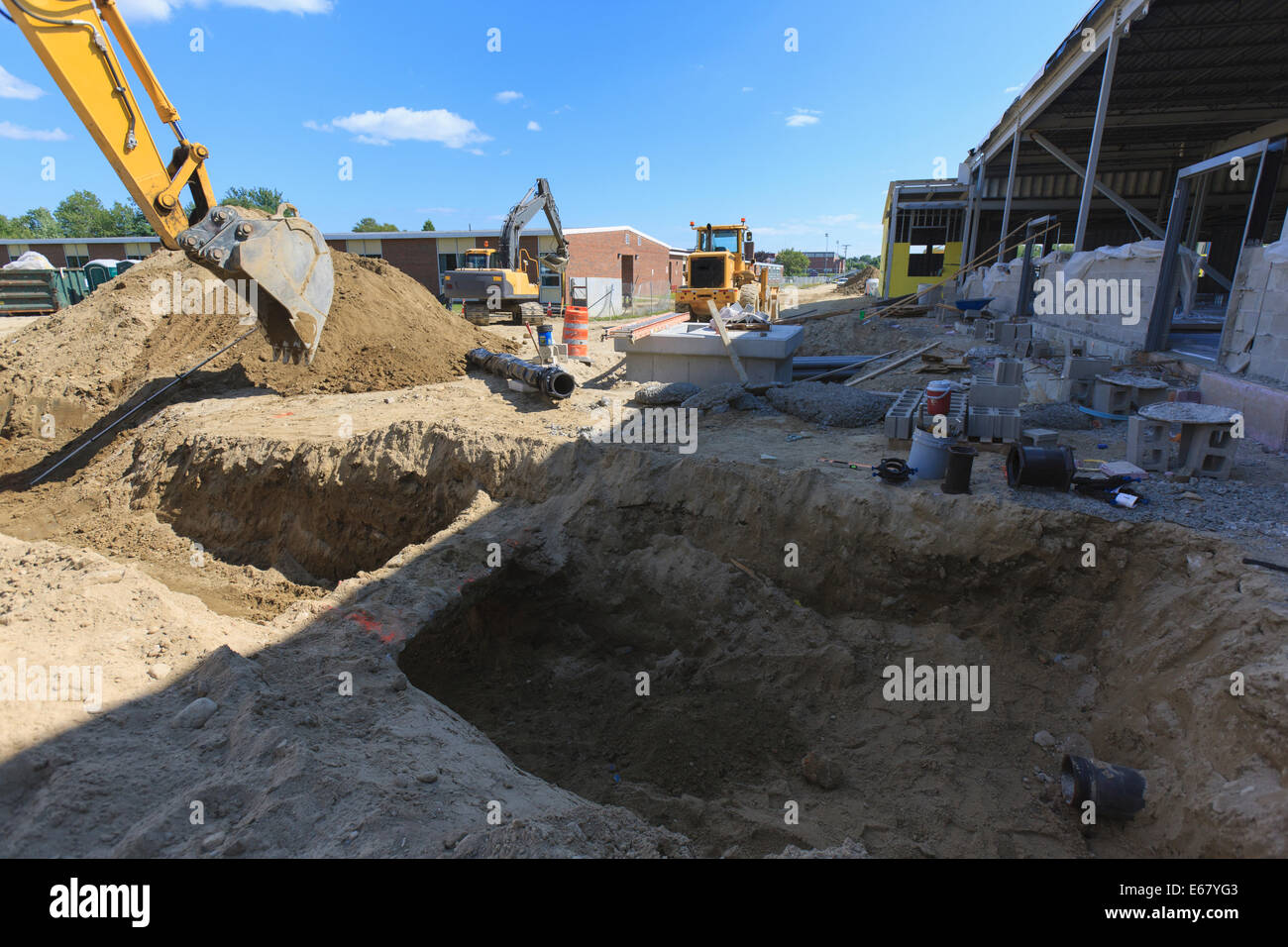 Construction site and equipment for water pipe installation Stock Photo ...