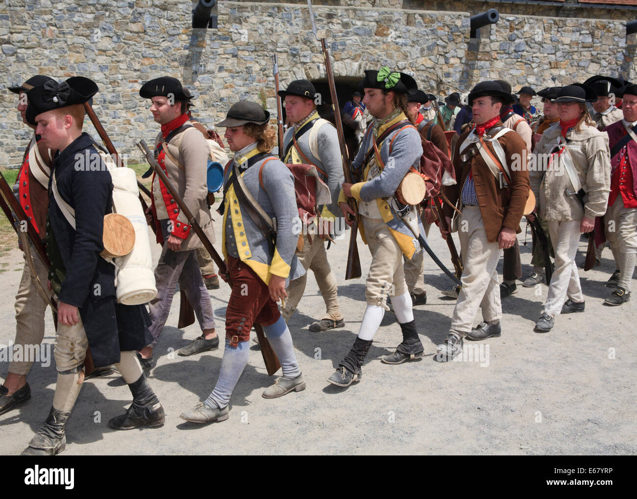 American Revolutionary War reenactors marching off to a battle Stock ...