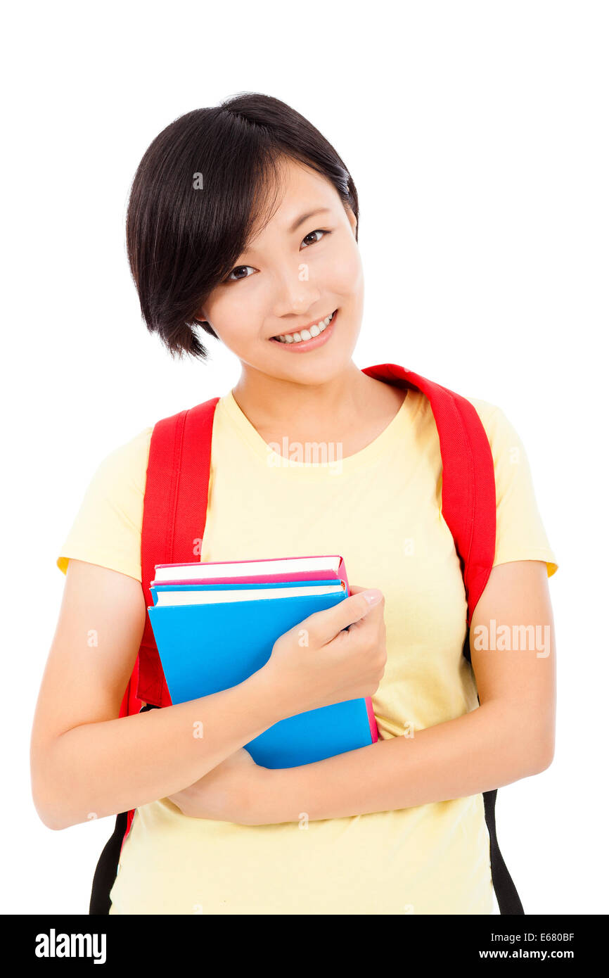 beautiful university student girl standing over white background Stock ...