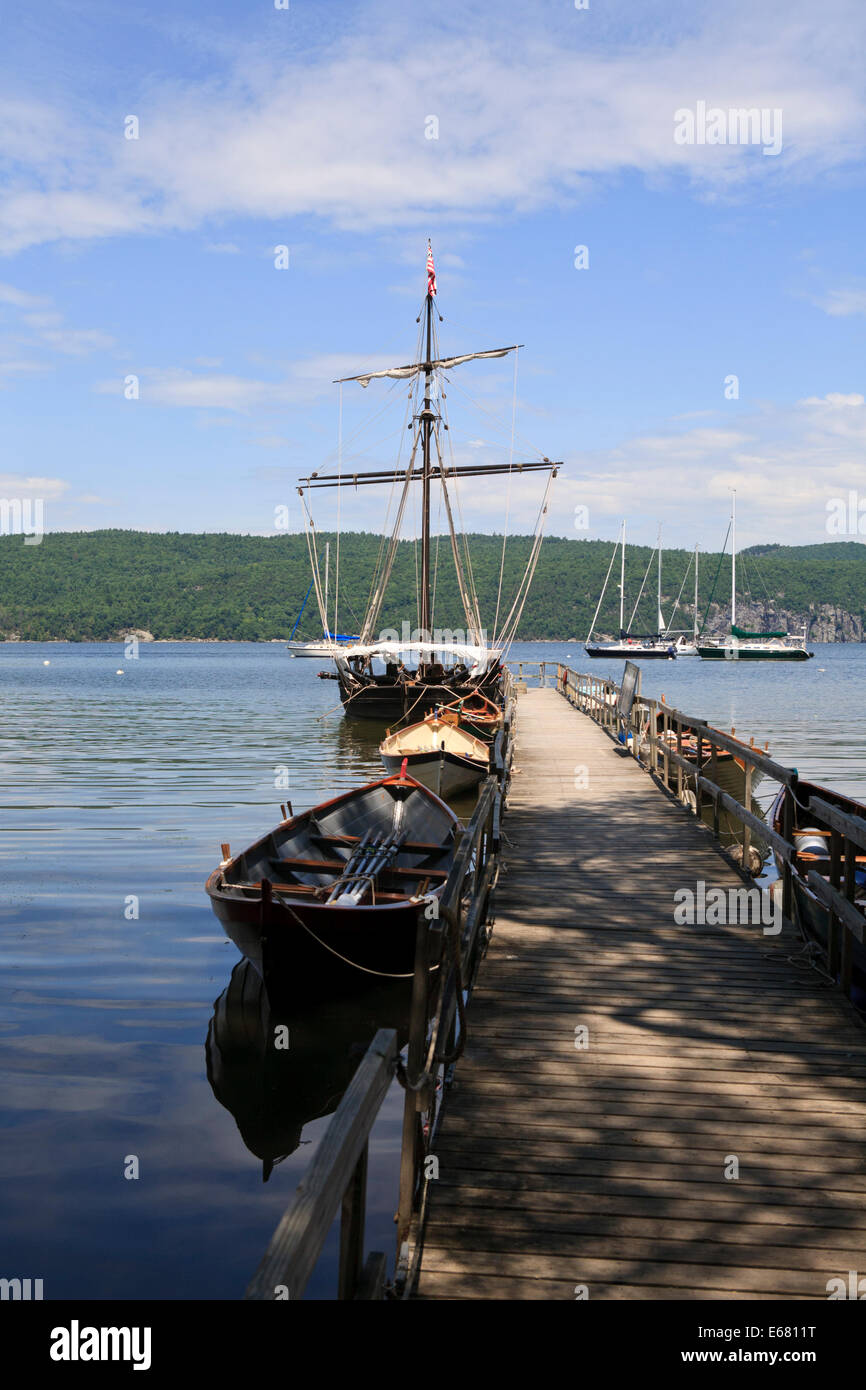 Dock leading to rowboats and a recreated gunboat at the Lake Champlain ...