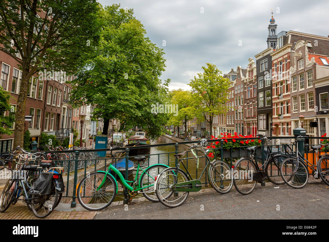 City view of Amsterdam canals and typical houses, boats and bicycles ...