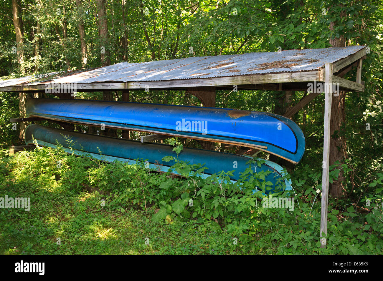 Canoes in storage at the Lake Chaplain Maritime Museum Stock Photo - Alamy