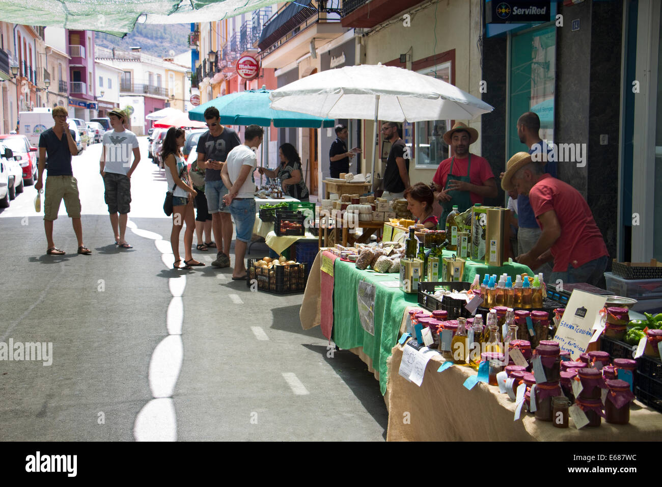 Local market and fiesta in the market plaza in Orba, Spain Stock Photo ...