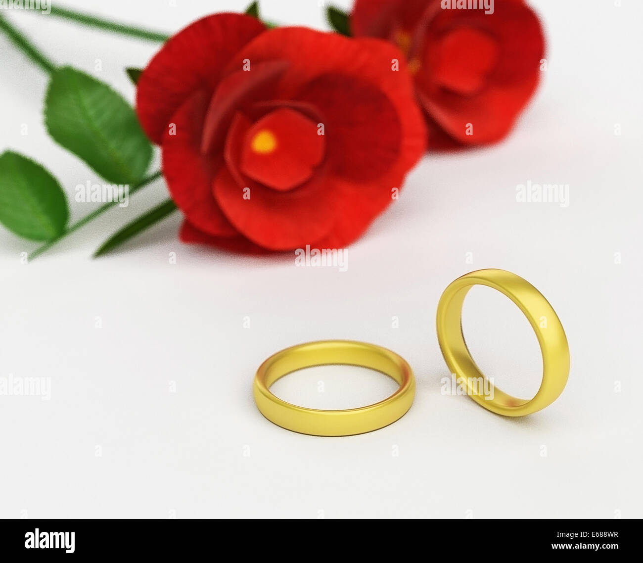 Wedding Rings Showing Pair Wedlock And Roses Stock Photo - Alamy