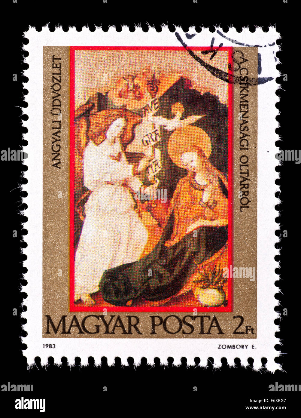 Postage stamp from Hungary depicting an alter piece from Csikmenasag ...