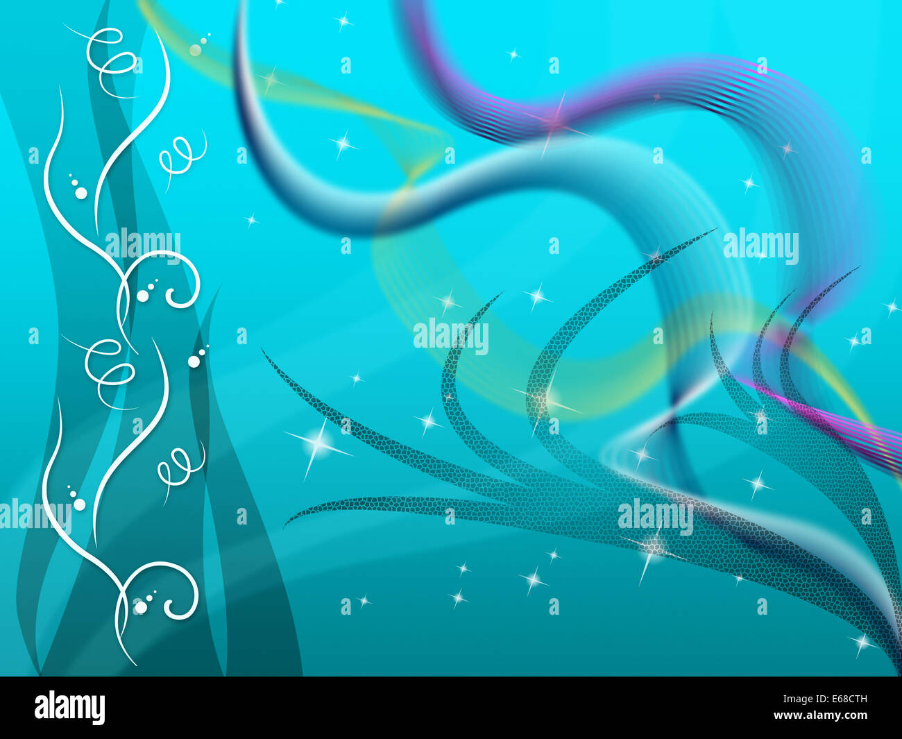 Blue Floral Background Showing Curves Plants And Stars Stock Photo - Alamy