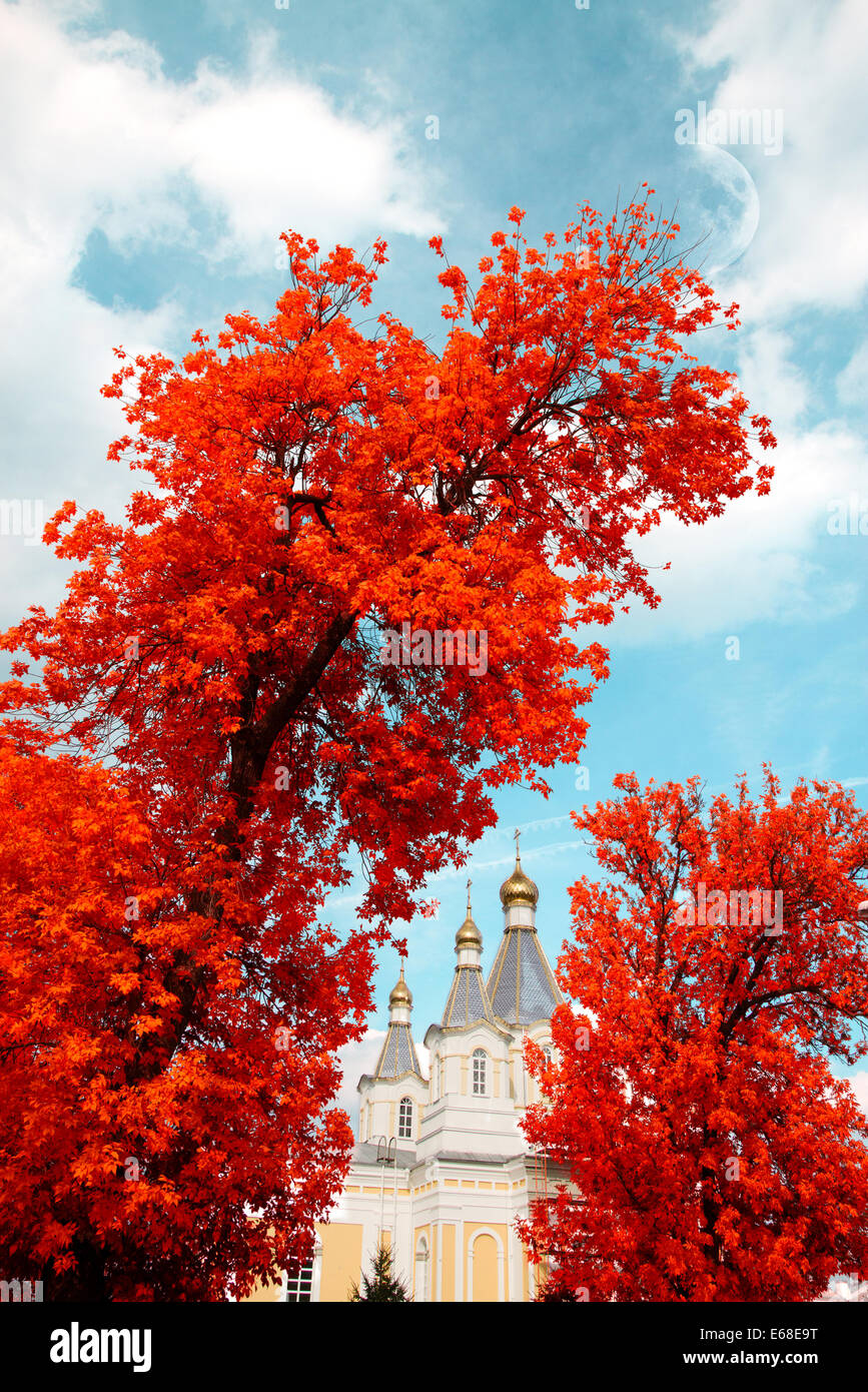 landscape and the moon and the church in the infrared spectrum Stock ...