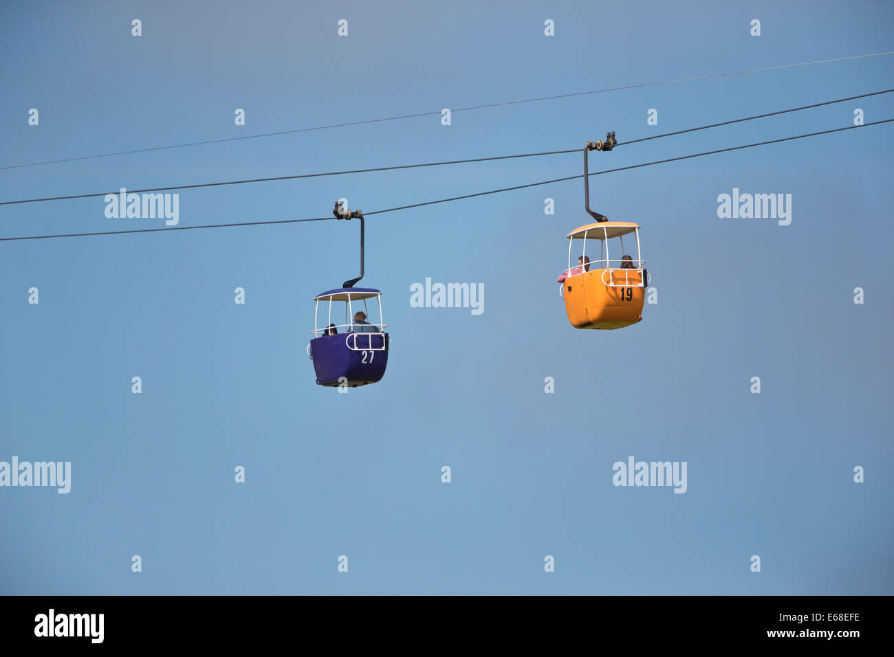 Two cable car cabins approach each other on the Great Orme aerial cable ...