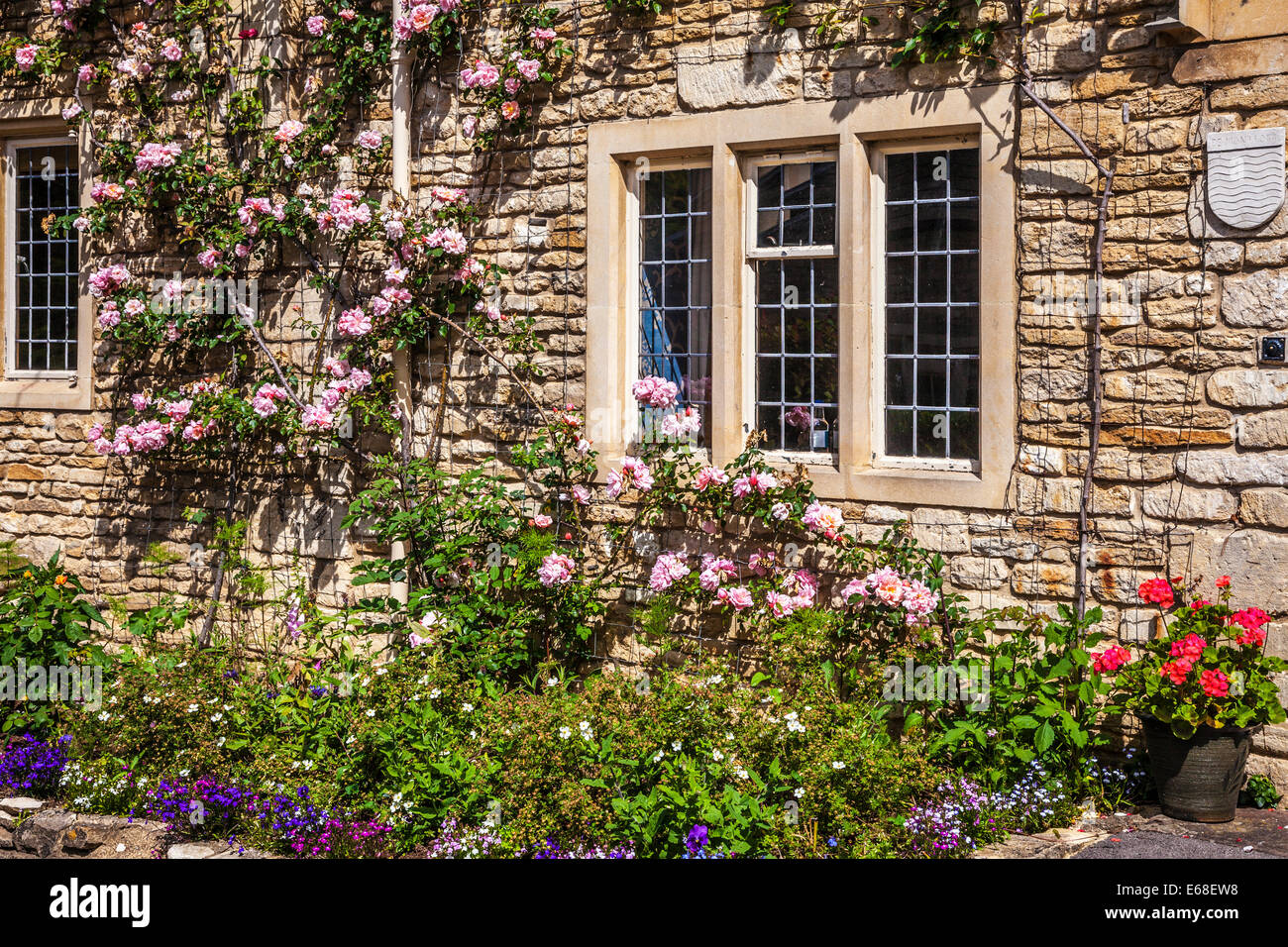 Cotswold stone cottage front with mullioned, leaded windows, rambling ...