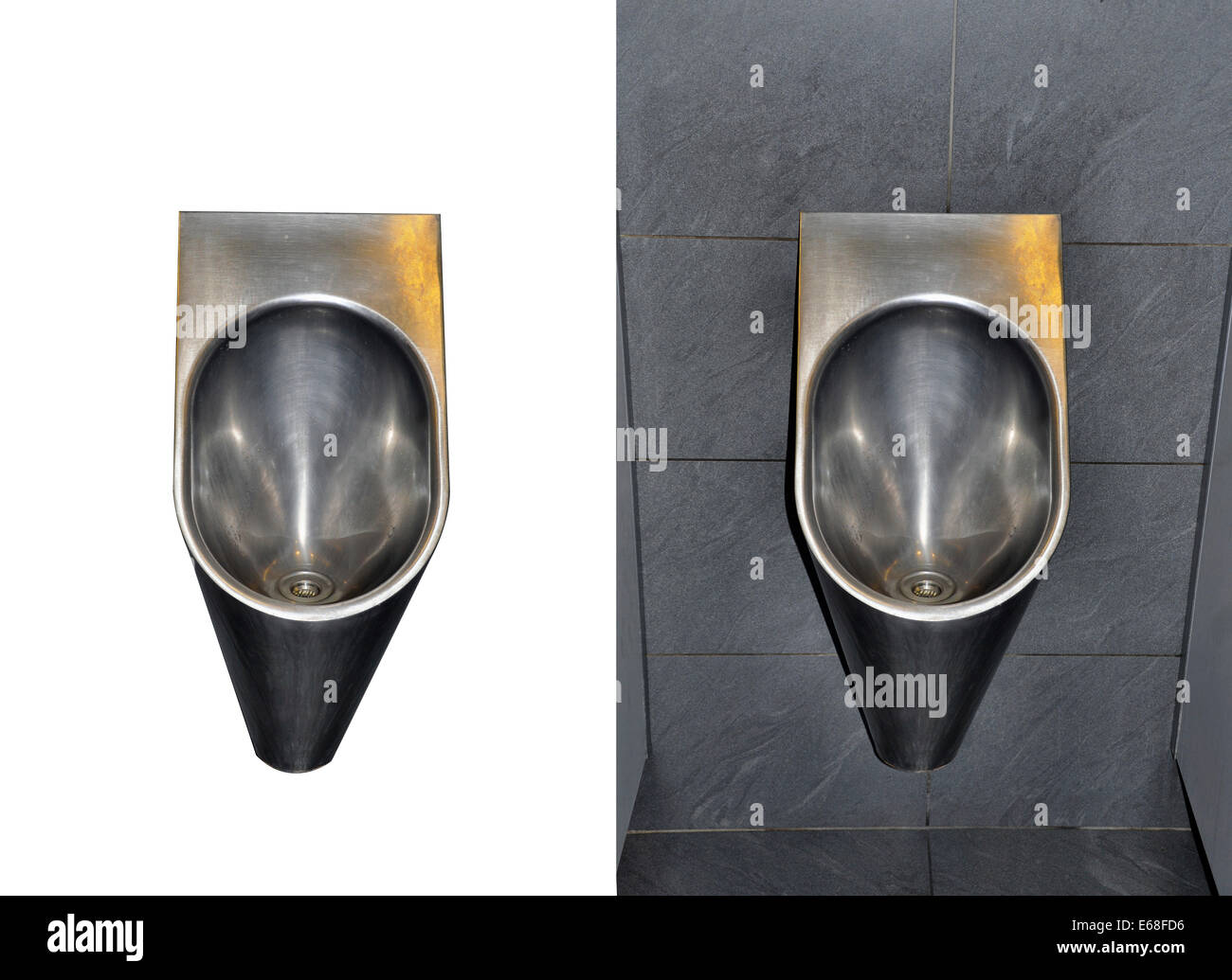 Silver metal urinal isolated on white with clipping path and on tiled ...