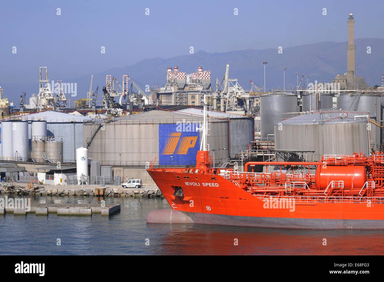 Genoa port (Italy), petroleum storage and tanker Stock Photo - Alamy