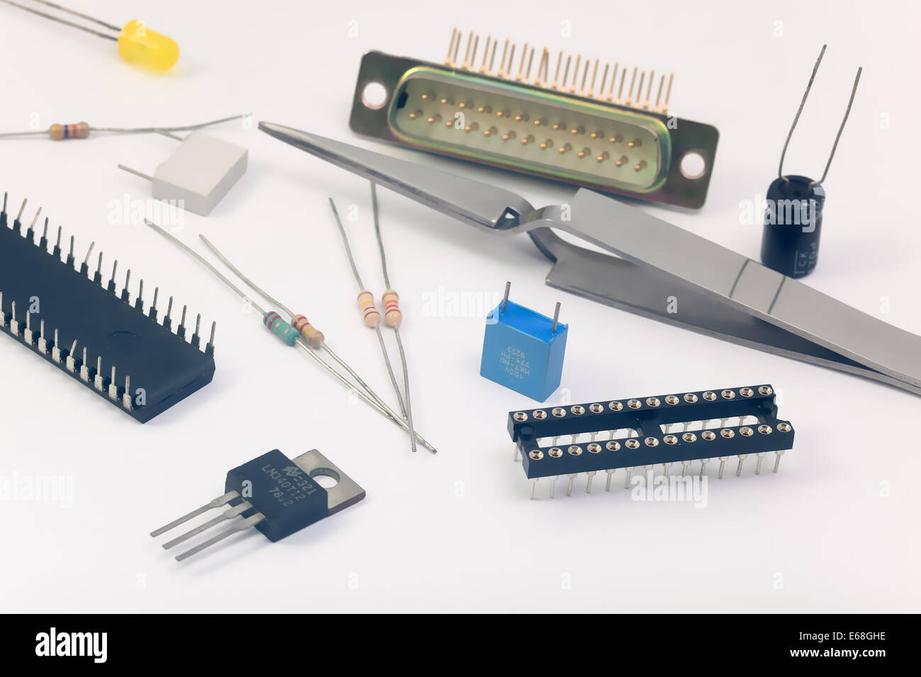 Group of electronic components in black background Stock Photo - Alamy