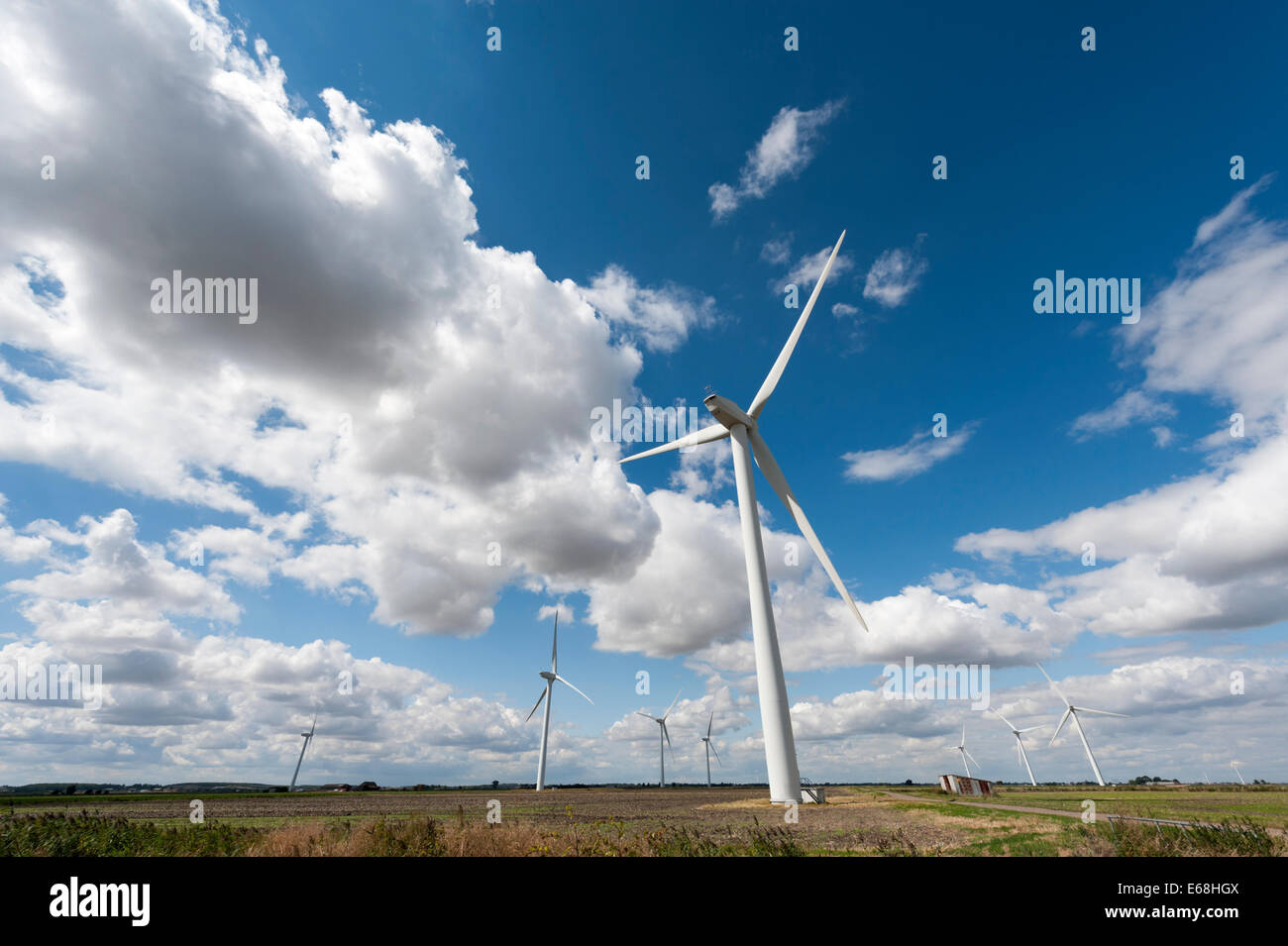 A windfarm with wind turbines at Warboys in the Cambridgeshire Fens UK ...