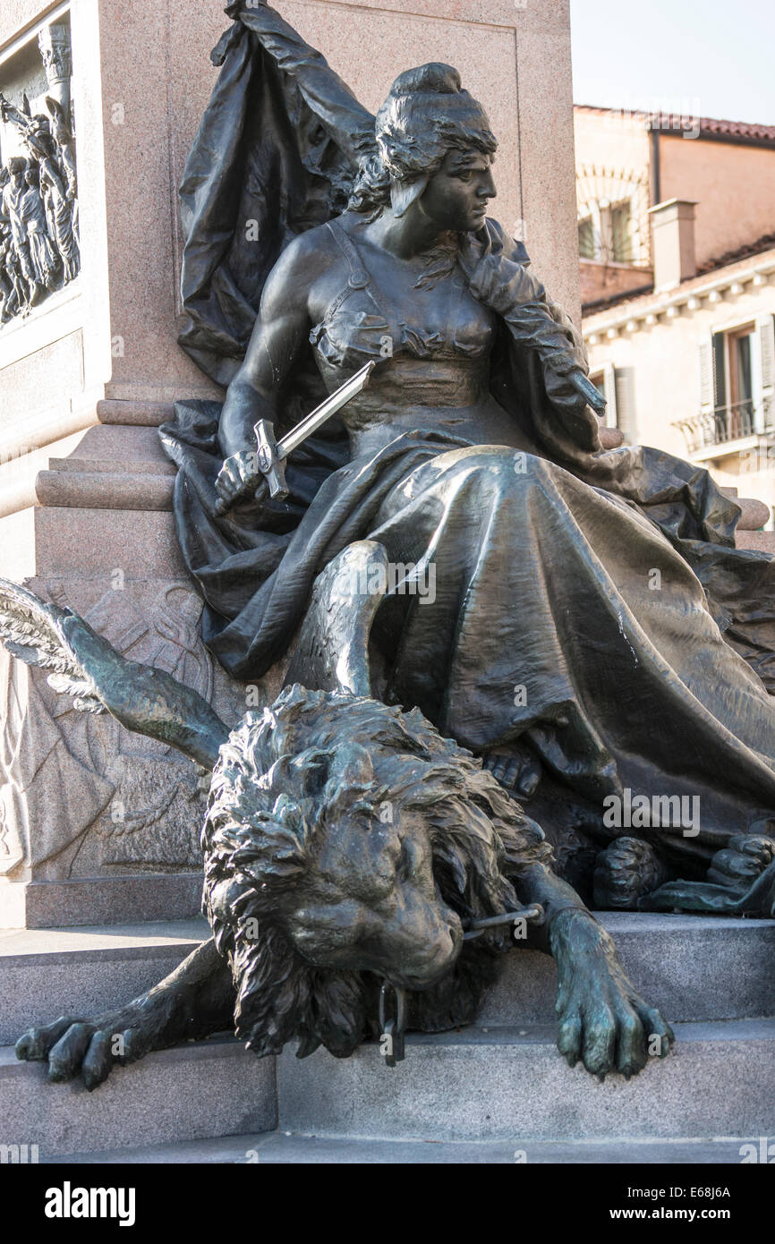 Fallen Lady Venice & chained Lion of St. Mark on the base of the statue ...