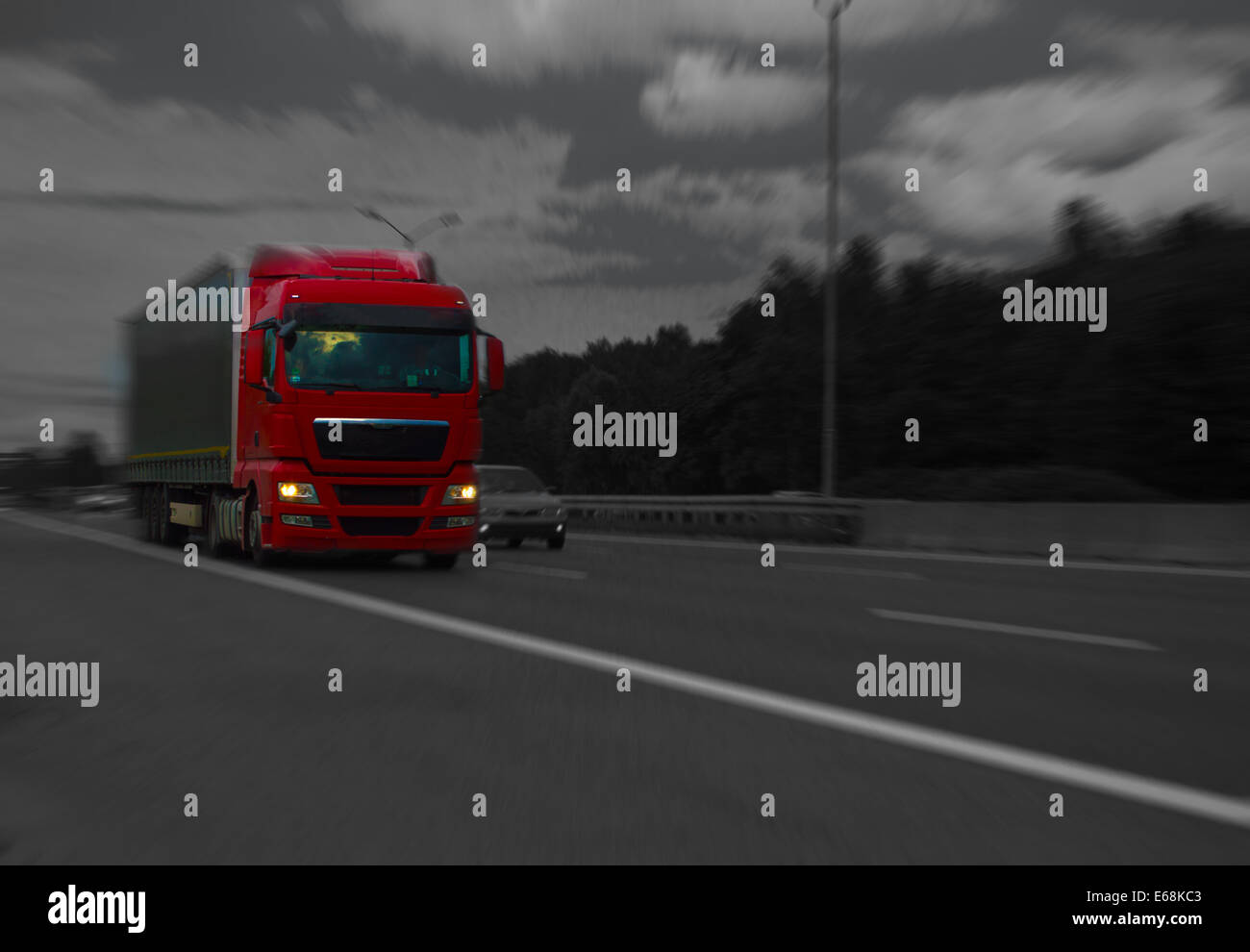 Red Truck - On Black- White - Blurry Background Stock Photo - Alamy