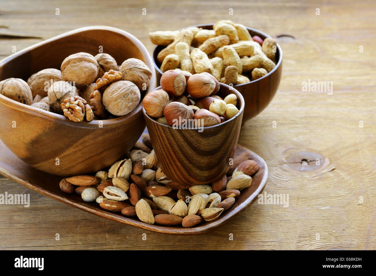 different kinds of nuts (almonds, walnuts, hazelnuts, peanuts) in a ...