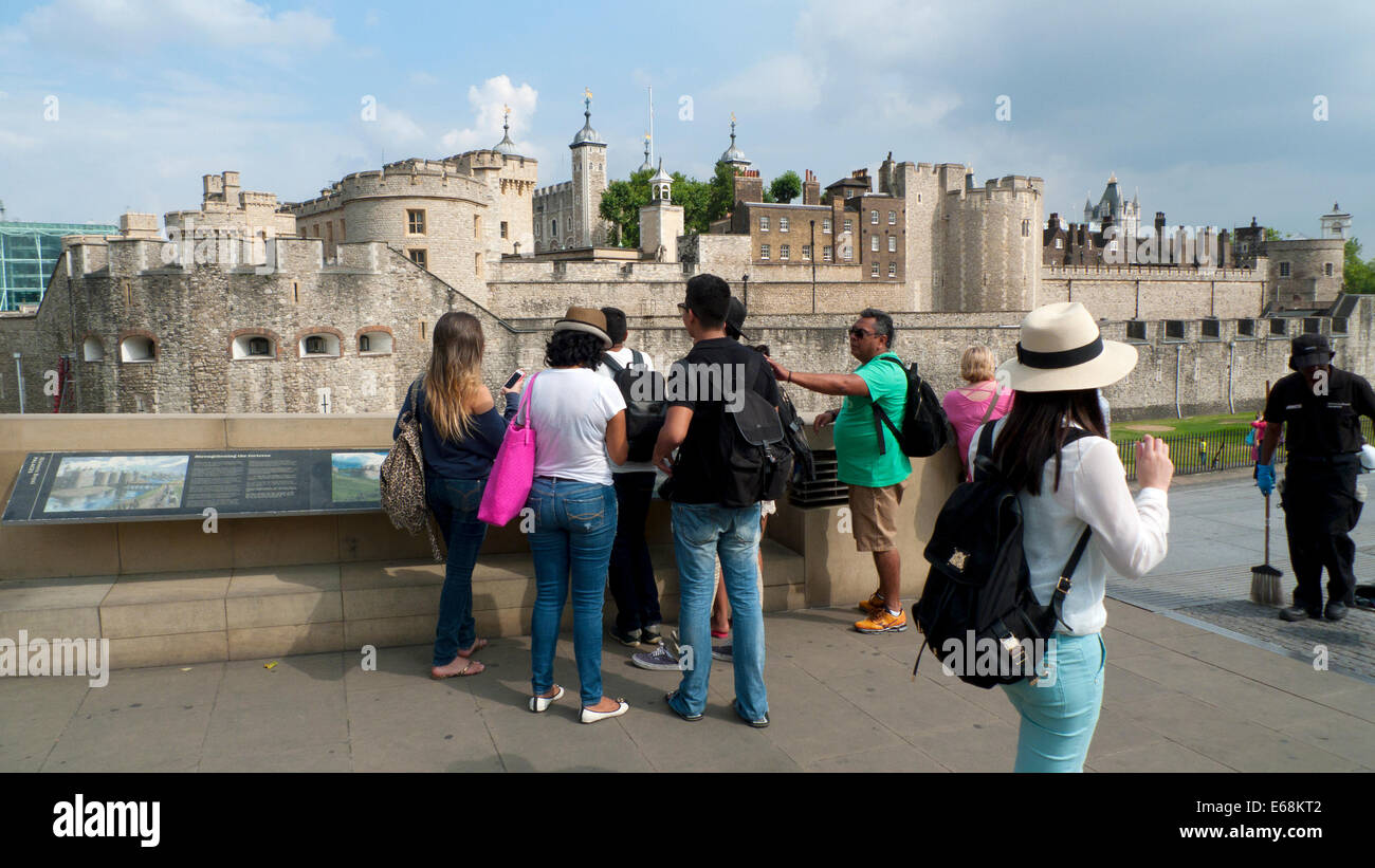 Rear view of Tourist family looking at the Tower of London buildings ...