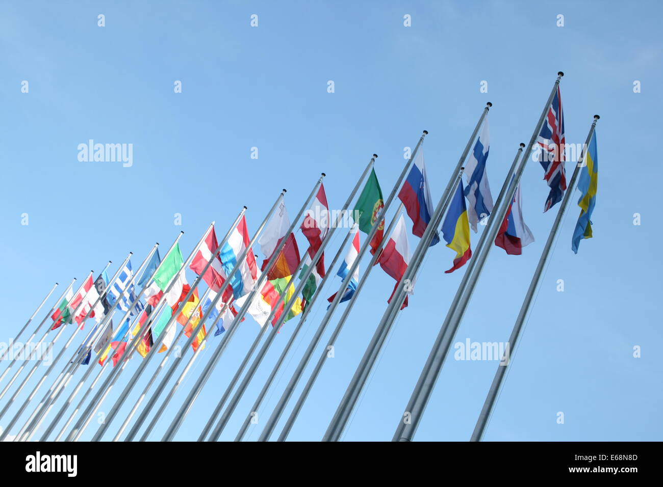 European Parliament Building, Strasbourg, Flags of the European nations ...