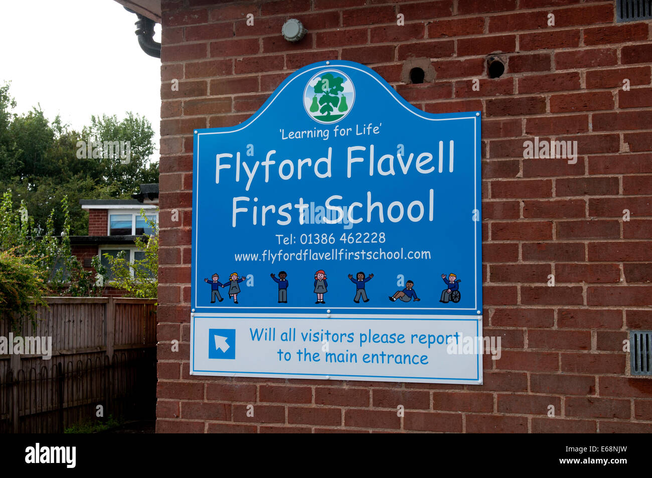 Flyford Flavell First School sign, Worcestershire, England, UK Stock ...
