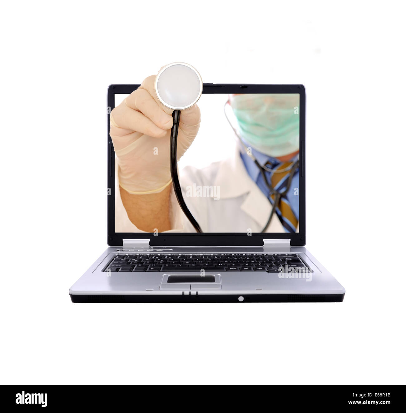 Doctors hand holding a stethoscope through a laptop screen towards a ...