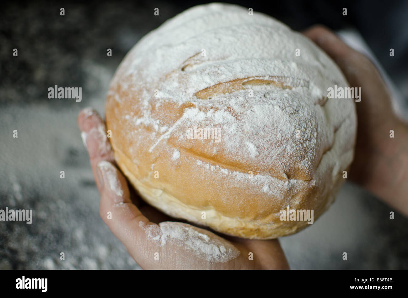 Hands holding homemade country bread Stock Photo - Alamy