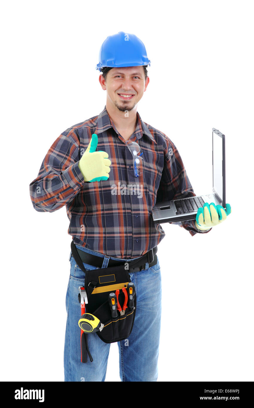Construction Worker with Laptop showing ok Stock Photo - Alamy