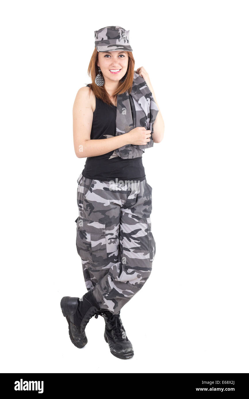 Beautiful young woman posing with gray military uniform Stock Photo - Alamy