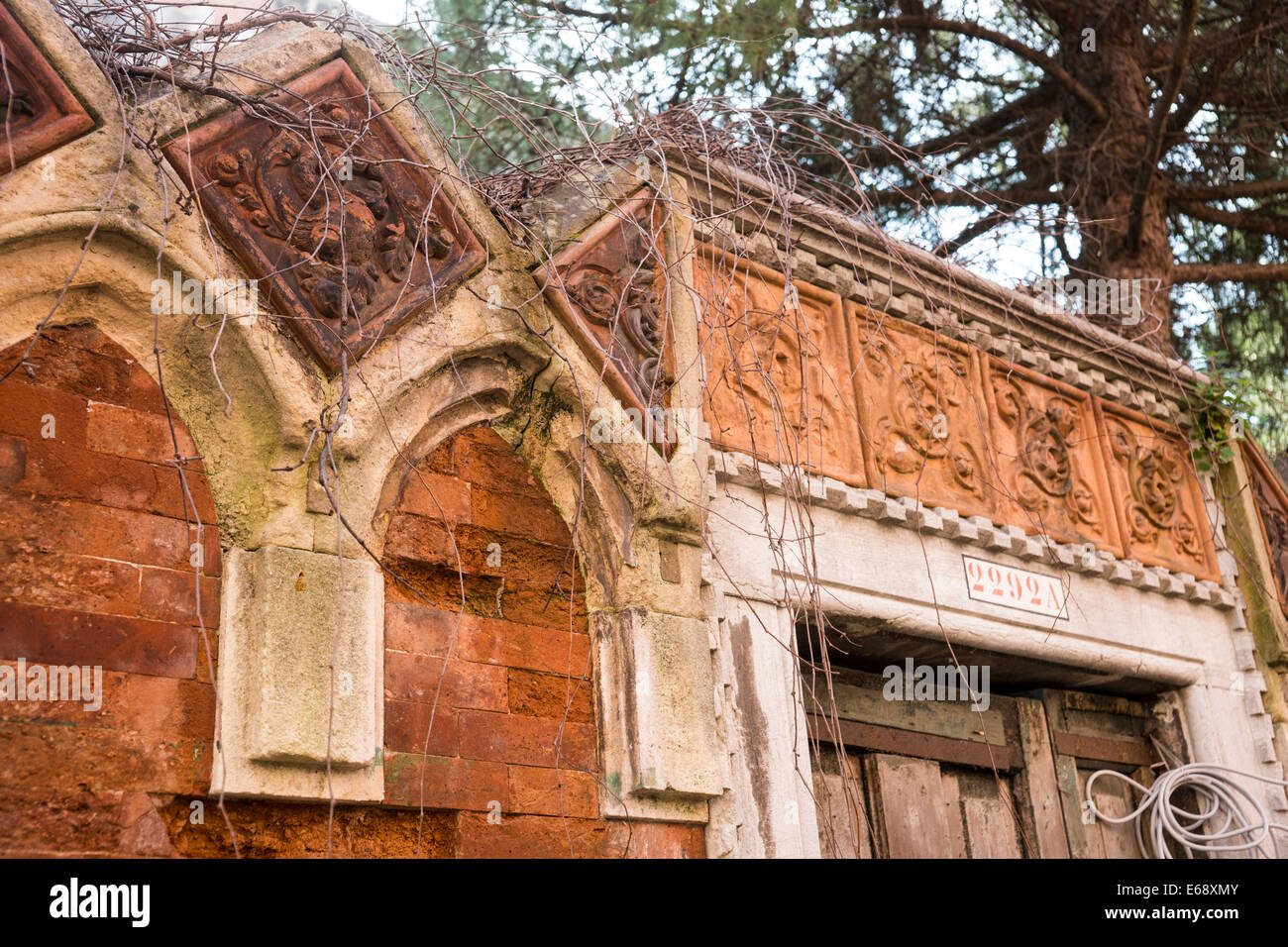 Dead vines cover the old entranceway and brick wall located on a side ...