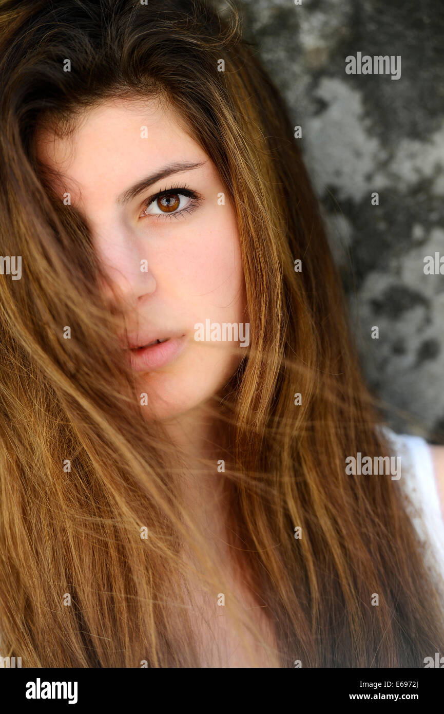 Girl with long hair, 15 years, portrait Stock Photo - Alamy