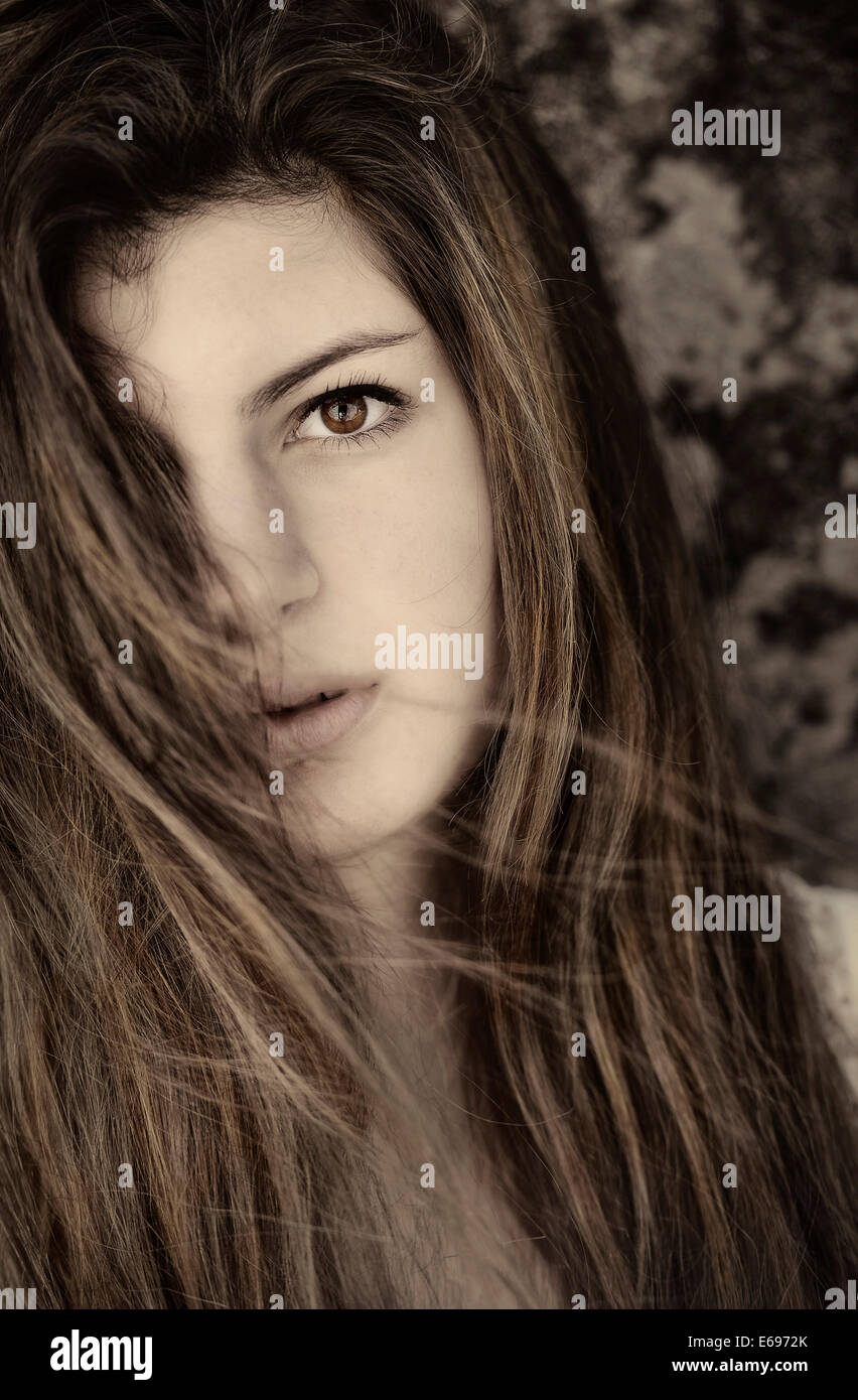 Girl with long hair, 15 years, portrait Stock Photo - Alamy