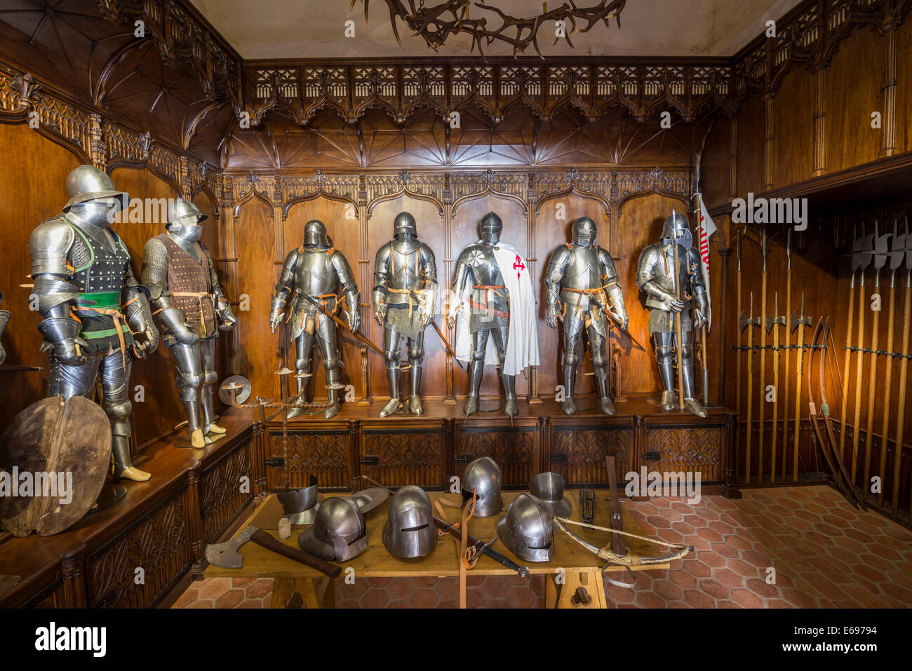 Armory at the Castillo de Belmonte castle, Belmonte, Cuenca province ...