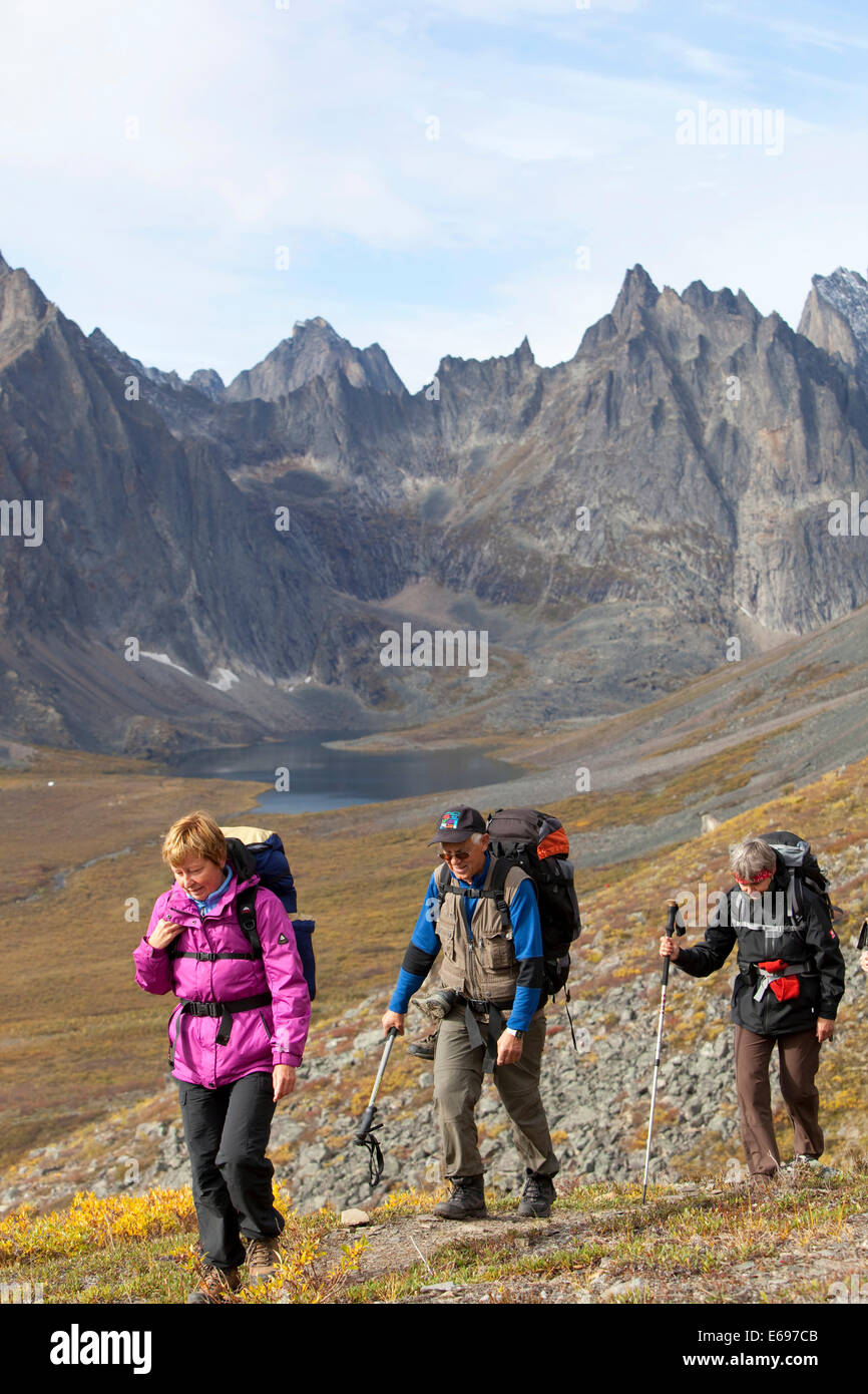 People hiking in arctic or subalpine tundra, Mount Monolith behind ...