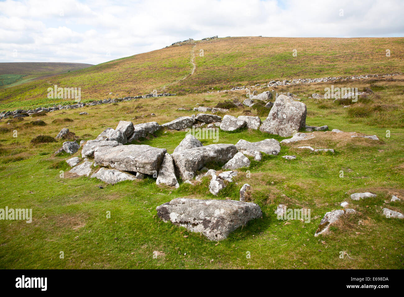 Ruins of stone hut circle in the Neolithic enlcosed area of Grimspound ...
