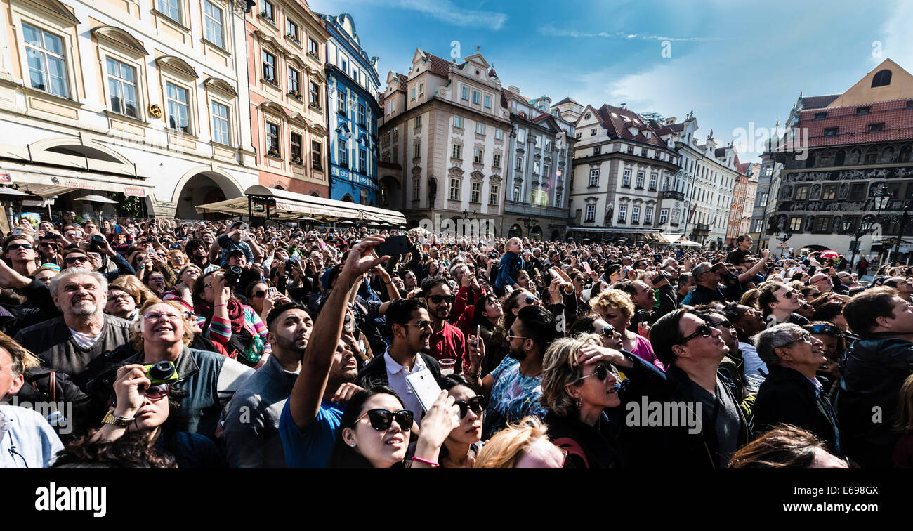 Crowd of people in front of the Old Town City Hall, historic buildings ...